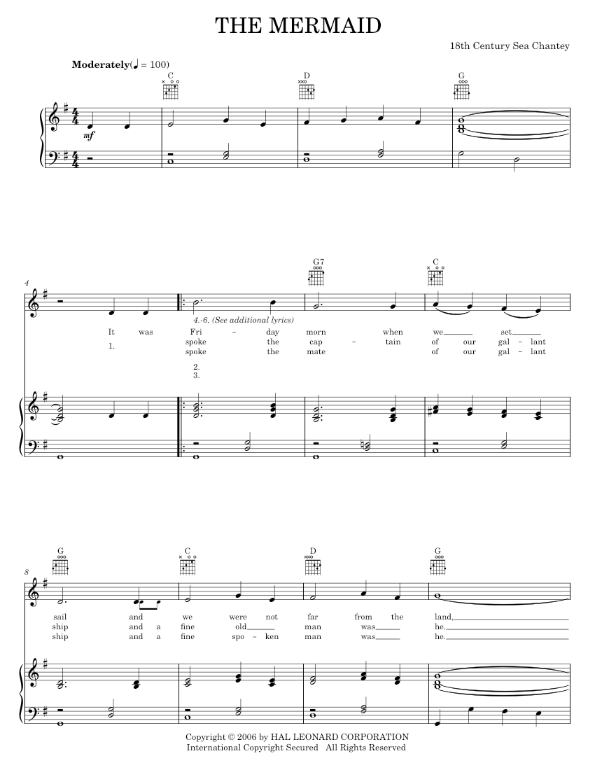 The Mermaid Sheet music for Piano, Vocals by 18th Century Sea Chantey ...