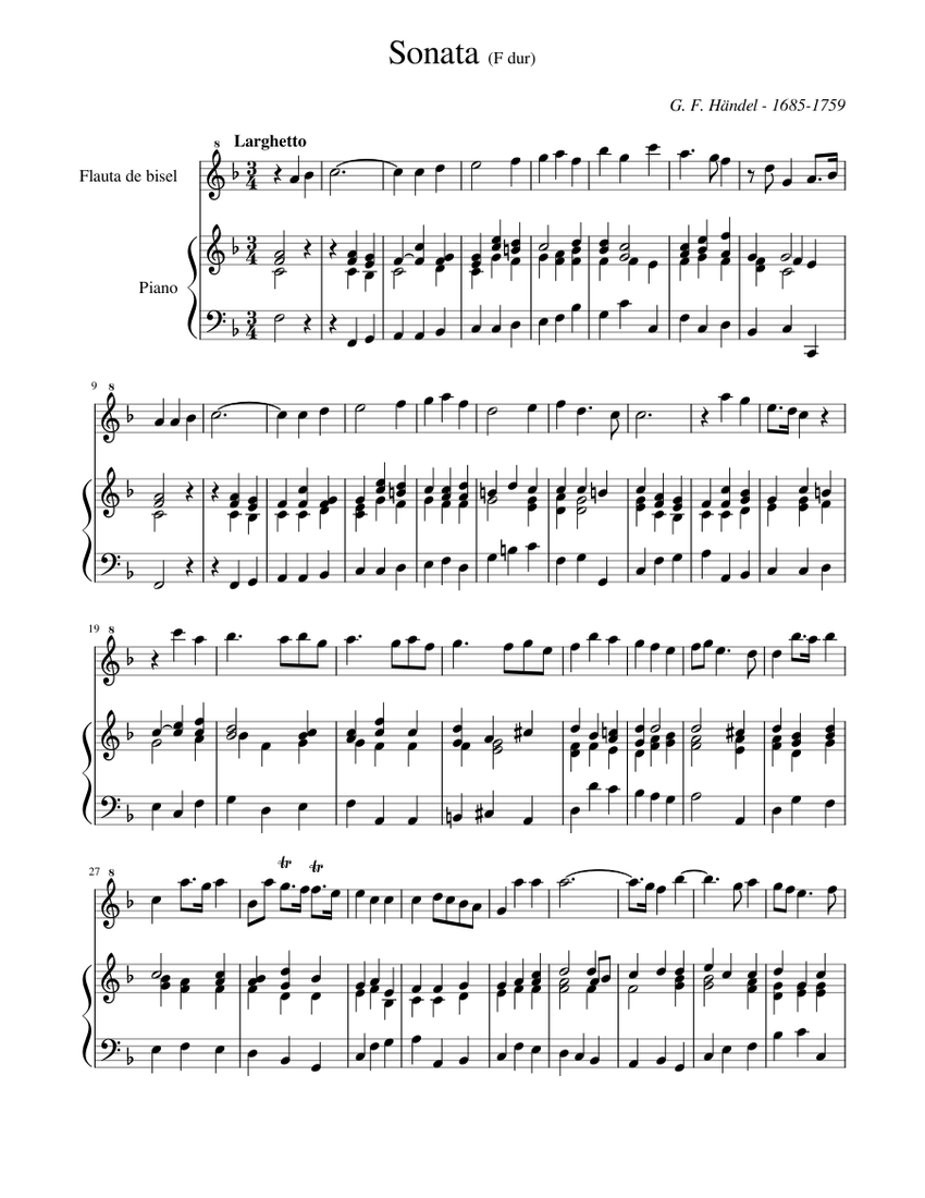 Sonata F Major (full) - Händel (Recorder) Sheet music for Piano ...