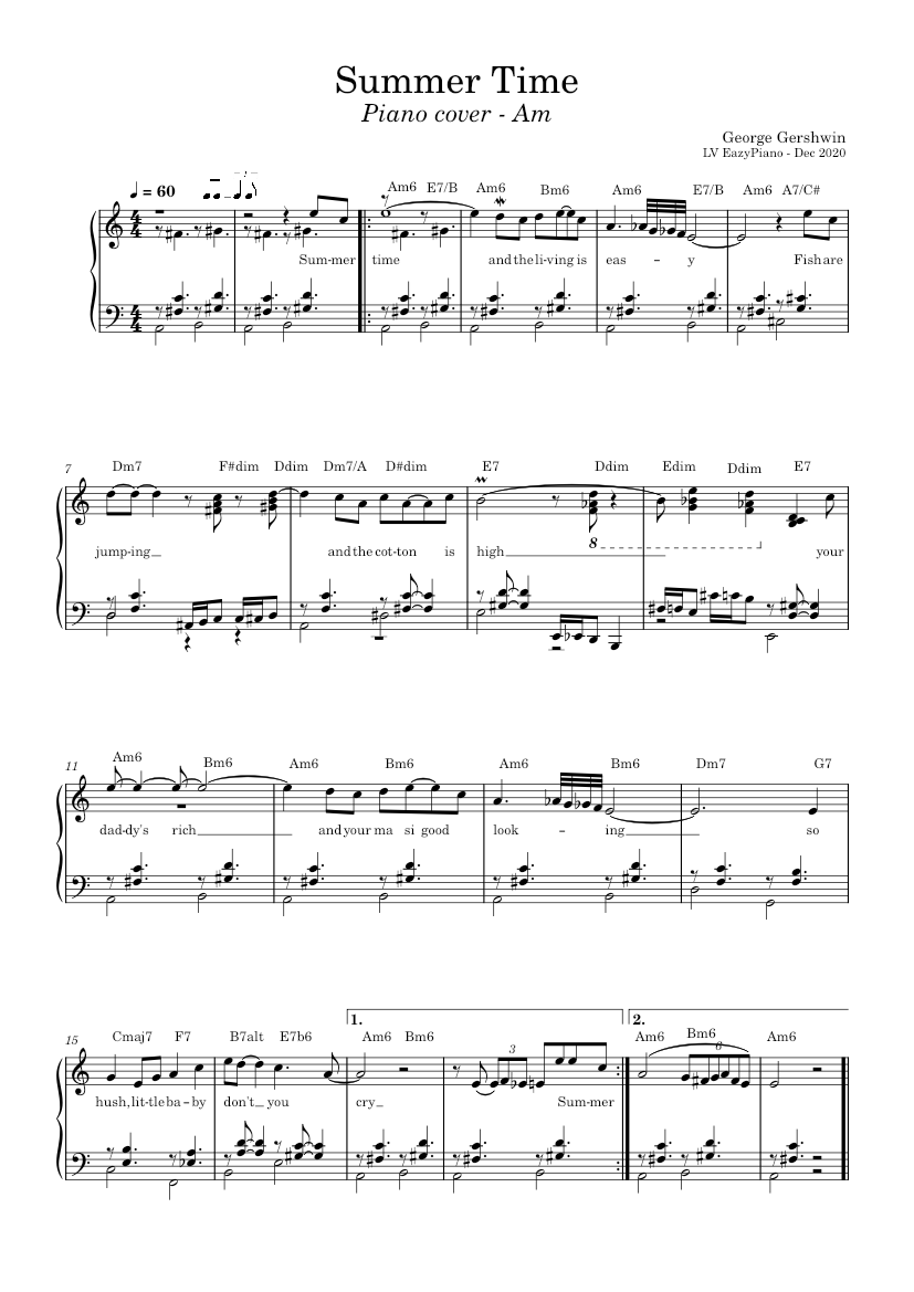 J-06 - George Gershwin - Summer Time - Piano Cover - Am Sheet music for ...