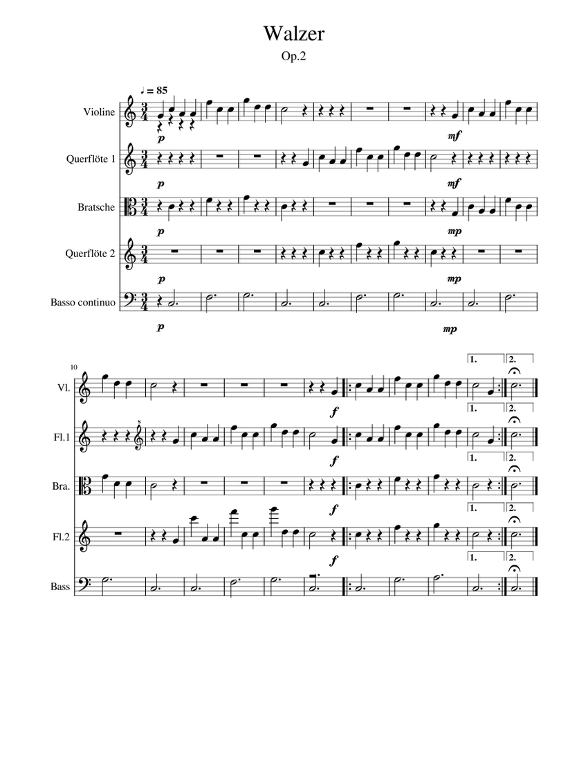Walzer Sheet music for Flute, Violin, Viola, Cello (Mixed Quintet) | Musescore.com