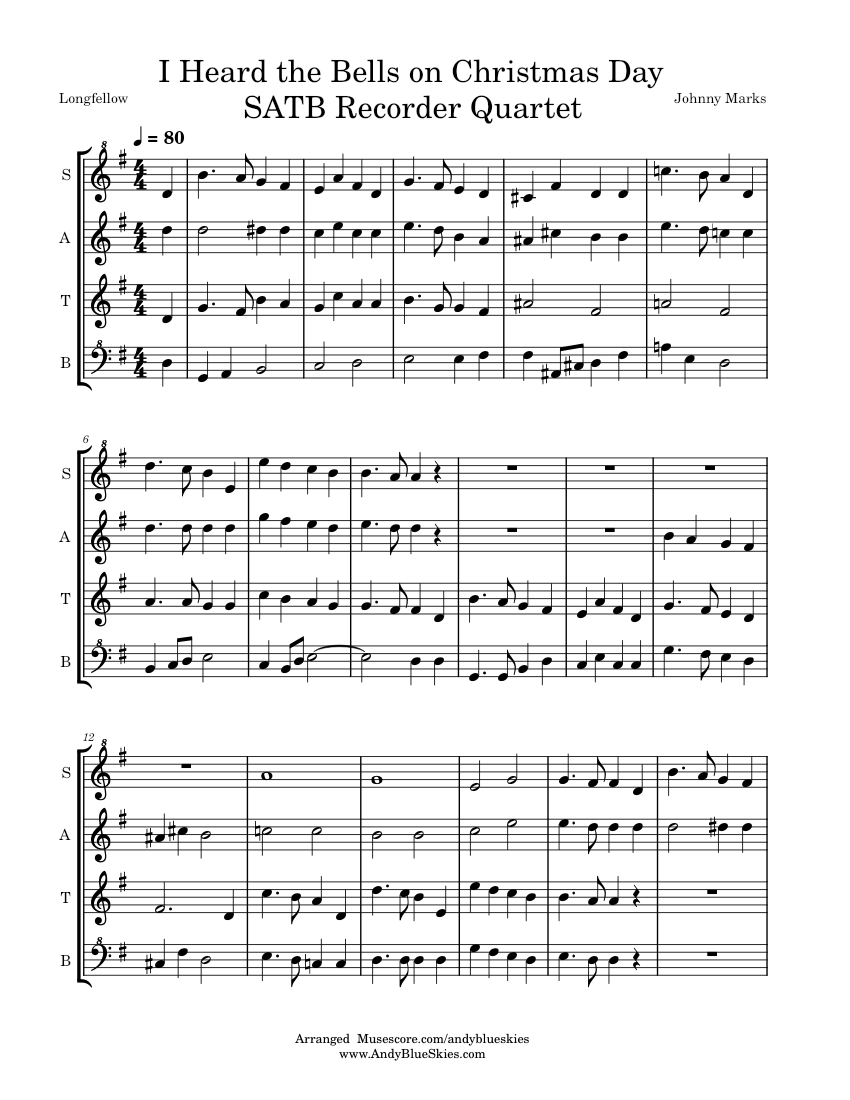 I Heard the Bells on Christmas Day SATB Recorder Quartet Sheet Music for Recorder (Mixed Quartet ...