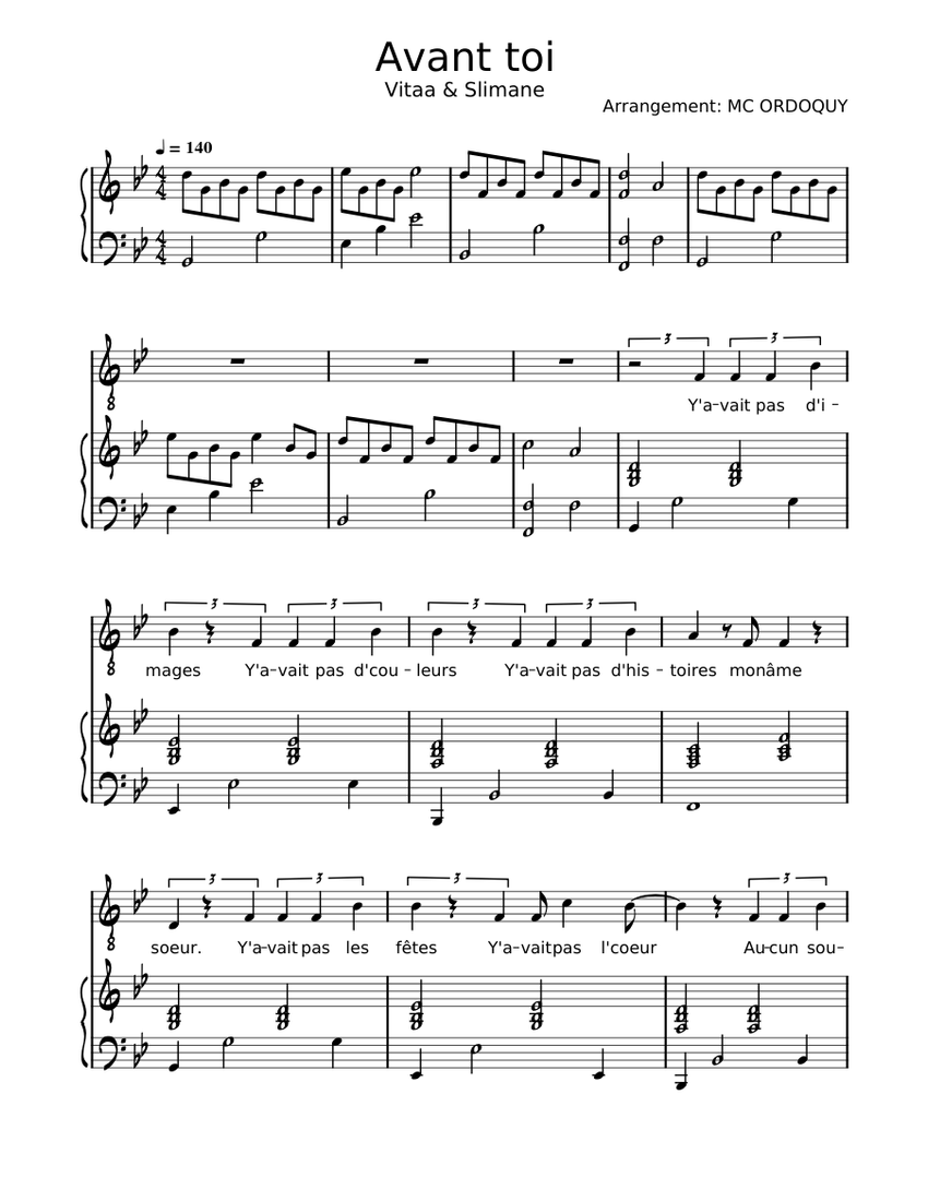 Avant toi - Slimane & Vitaa Sheet music for Piano, Flute, Drum group ...