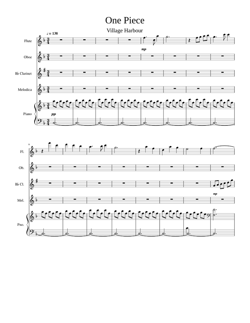 One Piece - Harbour Village Sheet music for Piano, Flute, Oboe, Clarinet in b-flat (Mixed ...