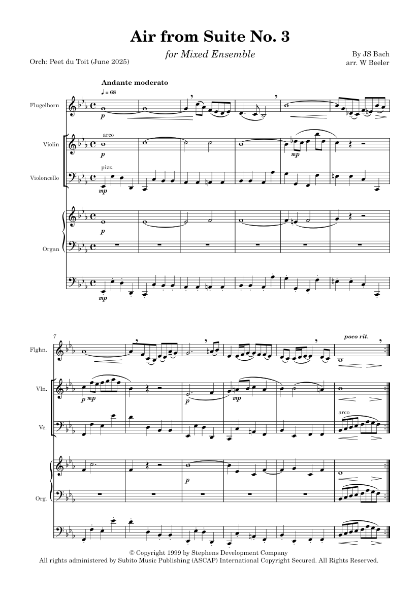 Air from Suite No. 3 in D - JS Bach Tpt, Vn, Vc, Org in Eb Sheet Music ...