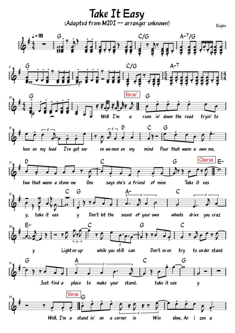 Take it Easy (Lead sheet with lyric ) - piano tutorial