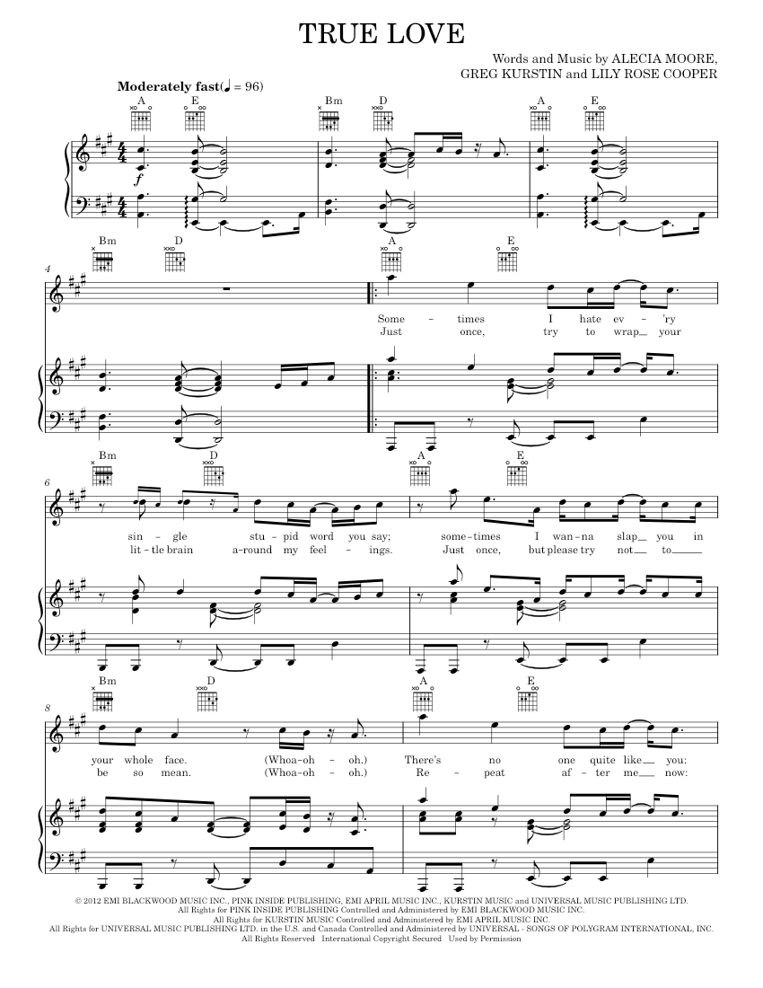 Play Official version of True love sheet music by P!nk for Piano ...