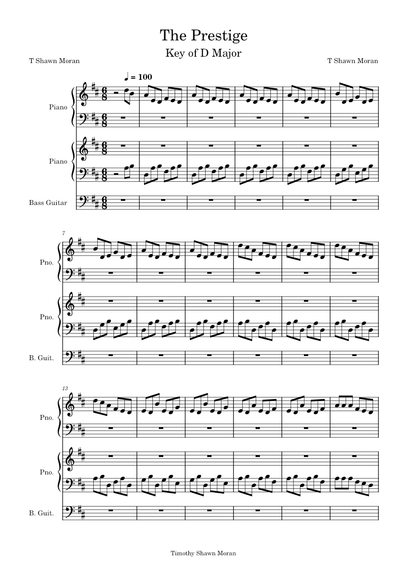 The Prestige - T Shawn Moran Sheet Music for Piano, Bass guitar (Mixed ...