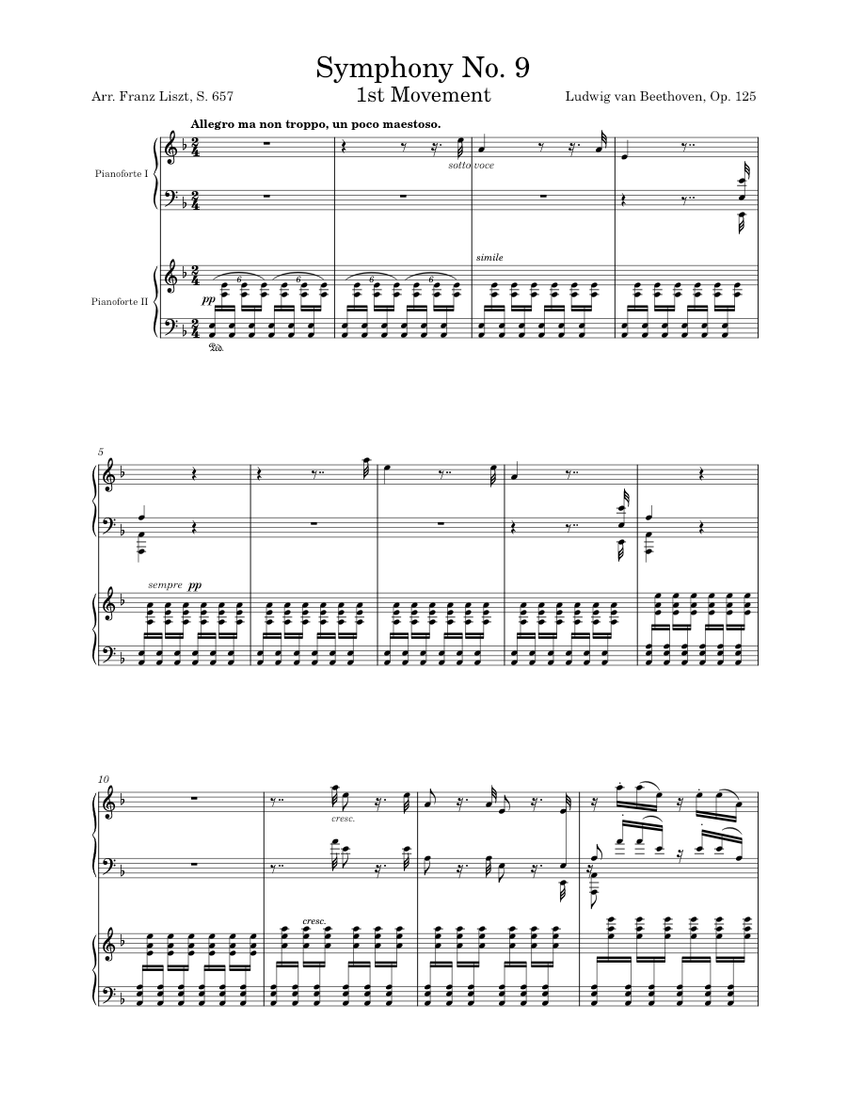 Symphony No.9, Op.125 – Ludwig van Beethoven arr. Franz Liszt for 2 Pianos (1st Movement) Sheet ...