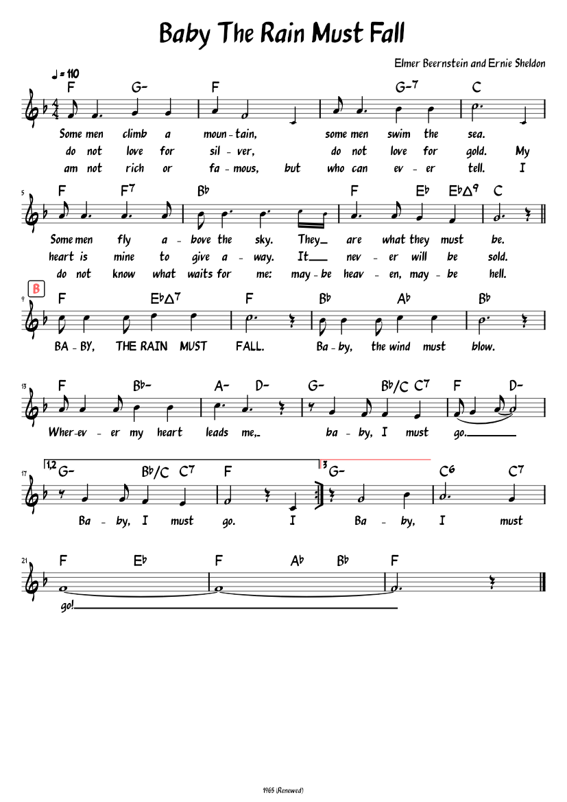 Baby The Rain Must Fall (Lead sheet with lyrics ) Sheet Music with ...