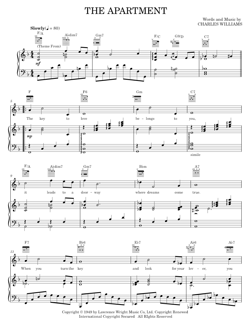 Play Official version of (Theme From) The Apartment Sheet Music by ...