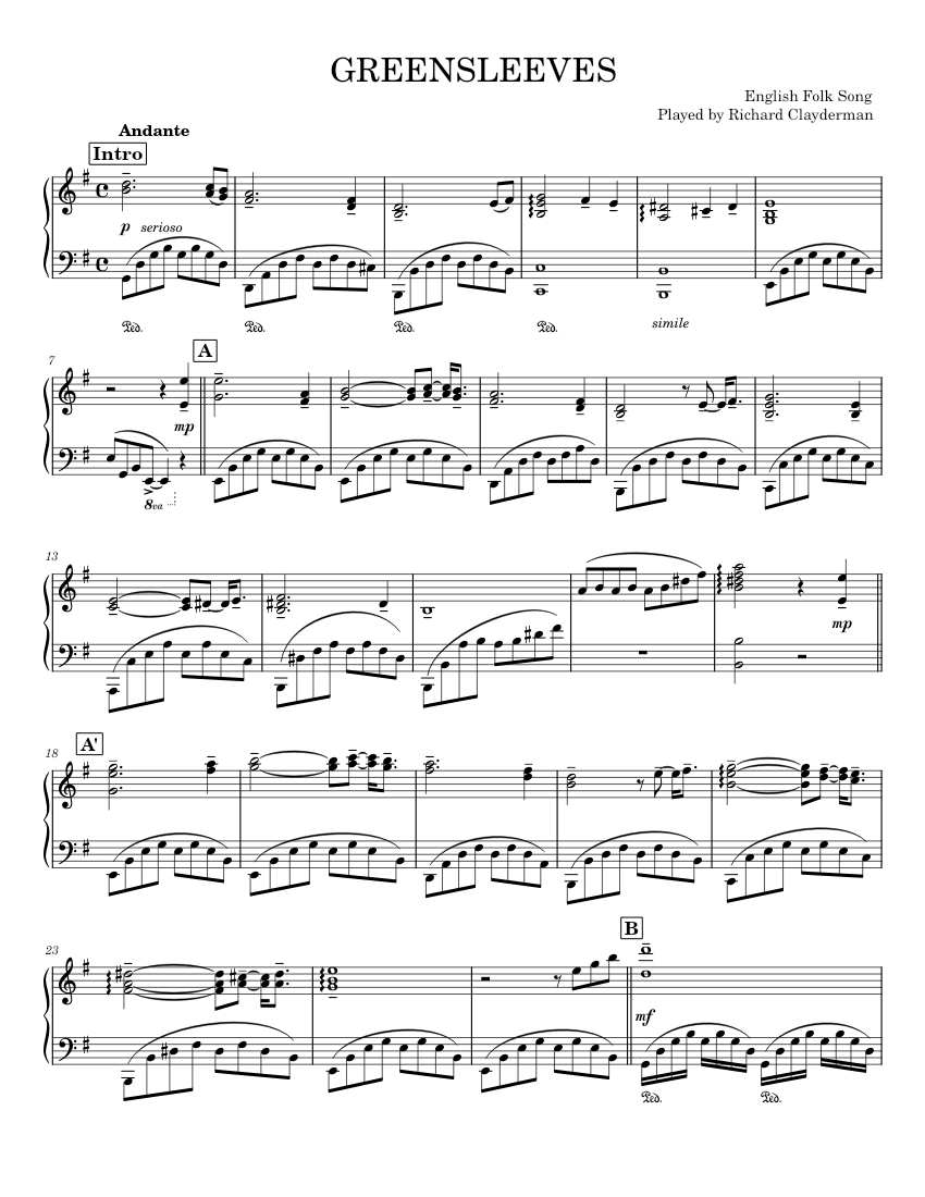 GREENSLEEVES - Richard Clayderman Sheet Music for Piano (Solo ...