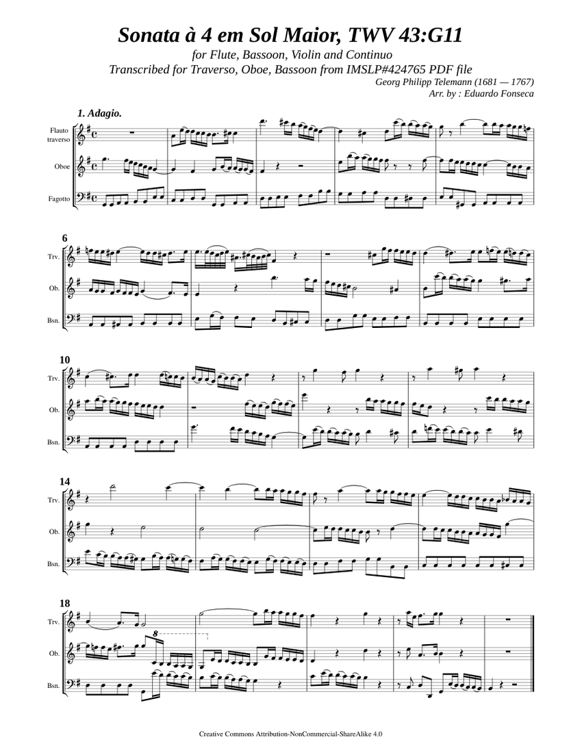 Telemann, G. P. _ Sonata à 4 G-Dur, TWV 43:G11 [Trv, Ob, Bsn] Sheet ...