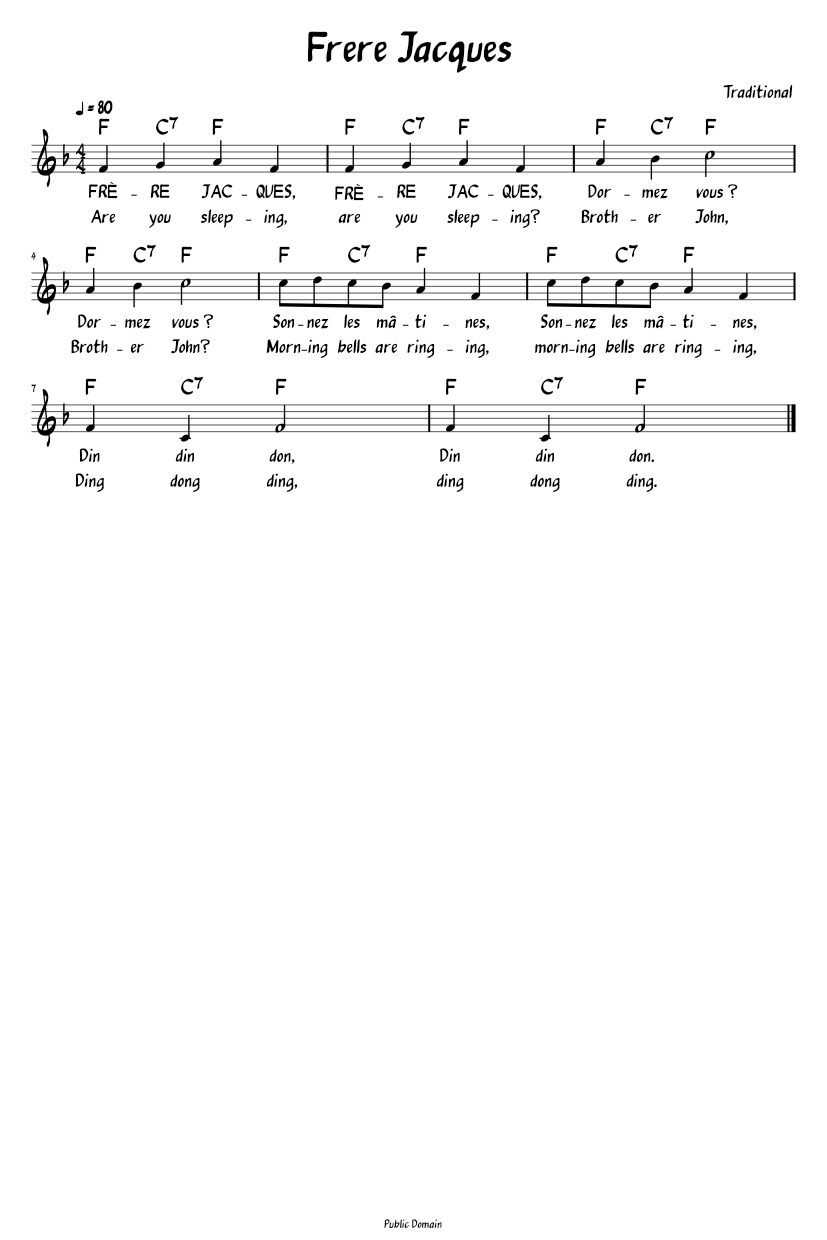 Frère Jacques (Lead sheet with lyrics ) Sheet Music with Chords for ...
