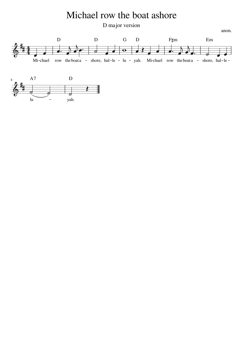 Michael row the boat ashore Sheet Music with Chords for Piano (Solo ...