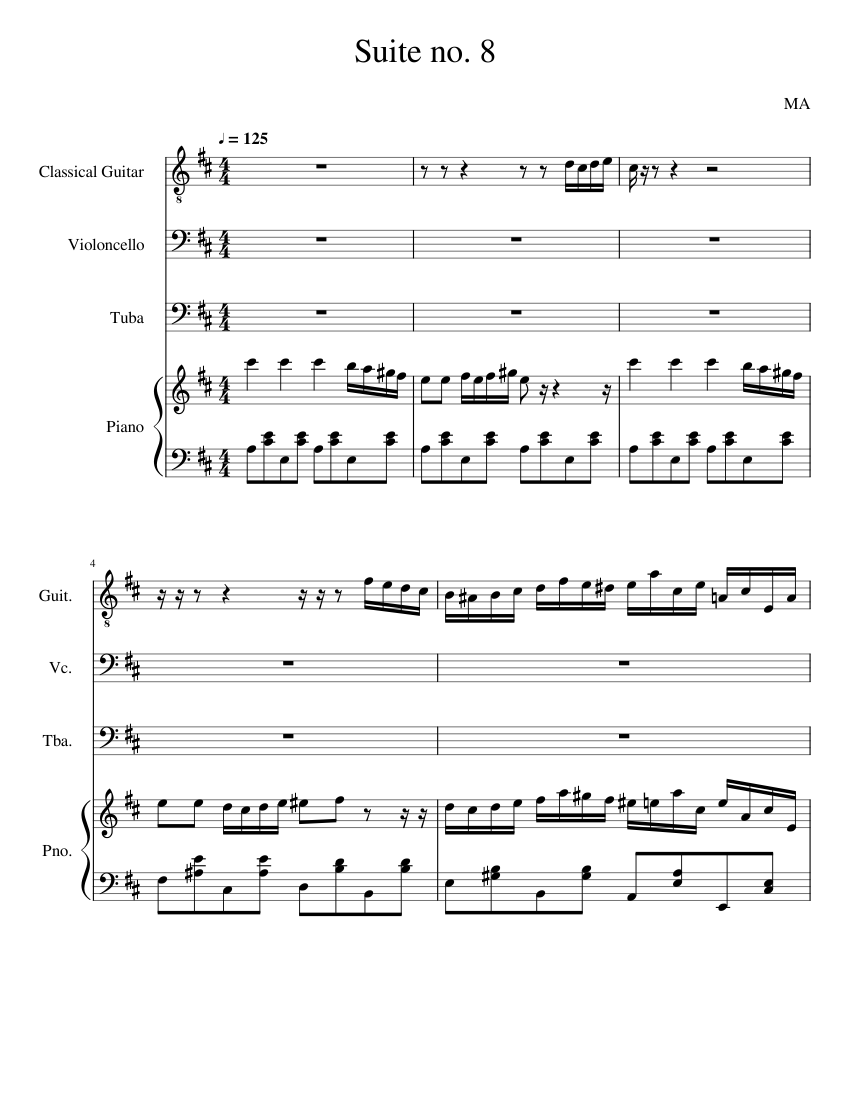 Suite no.8 Sheet music for Piano, Tuba, Cello, Guitar (Mixed Quartet ...