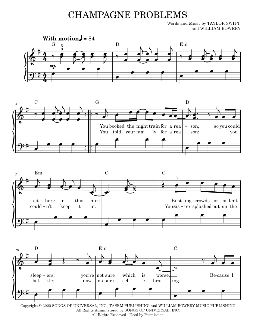 Play Official version of Champagne problems Sheet Music by Taylor Swift ...