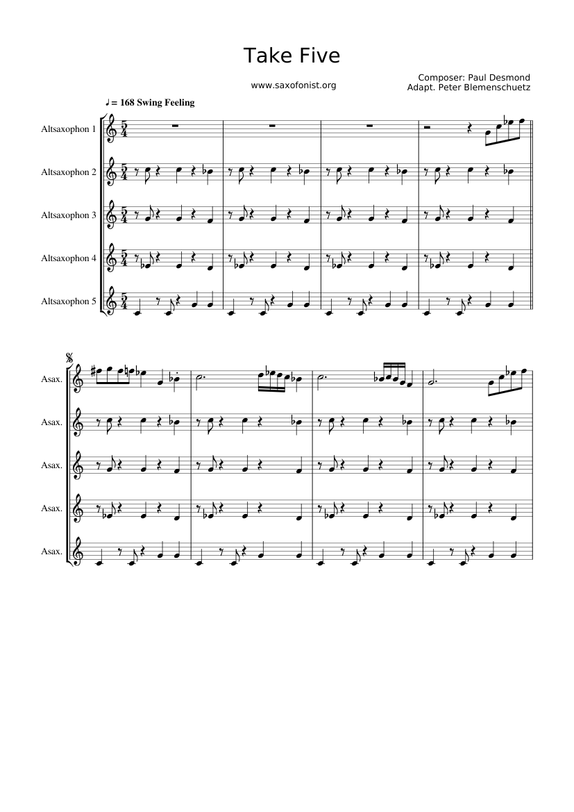 Take Five Sax Quintett Sheet music for Saxophone alto (Saxophone ...