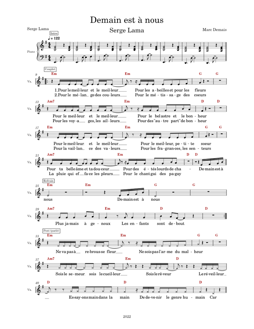 Demain est à nous – Serge Lama Sheet music for Piano, Vocals (Piano ...