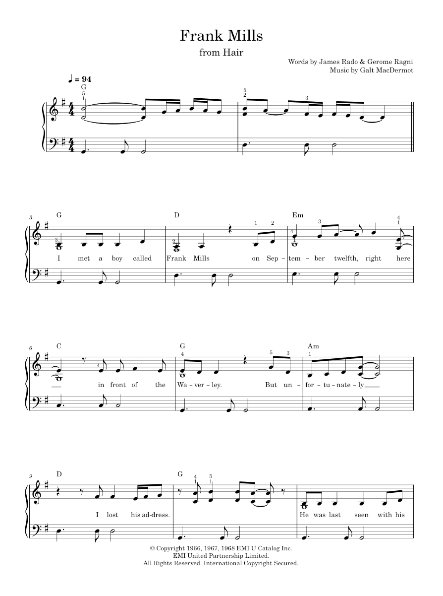 Play Official version of Frank Mills (from 'Hair') Sheet Music by Galt ...