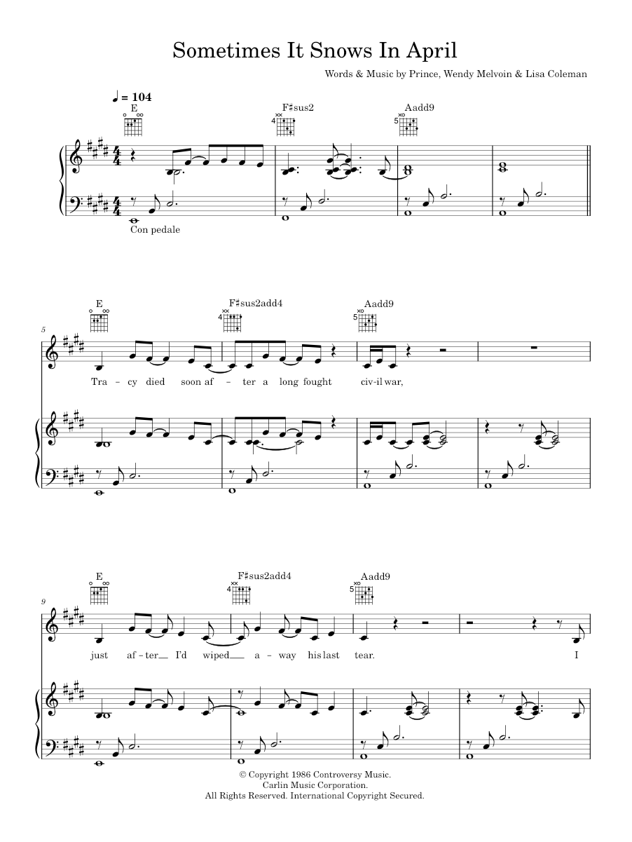 sometimes it snows in april Sheet music for Piano, Vocals by Prince ...