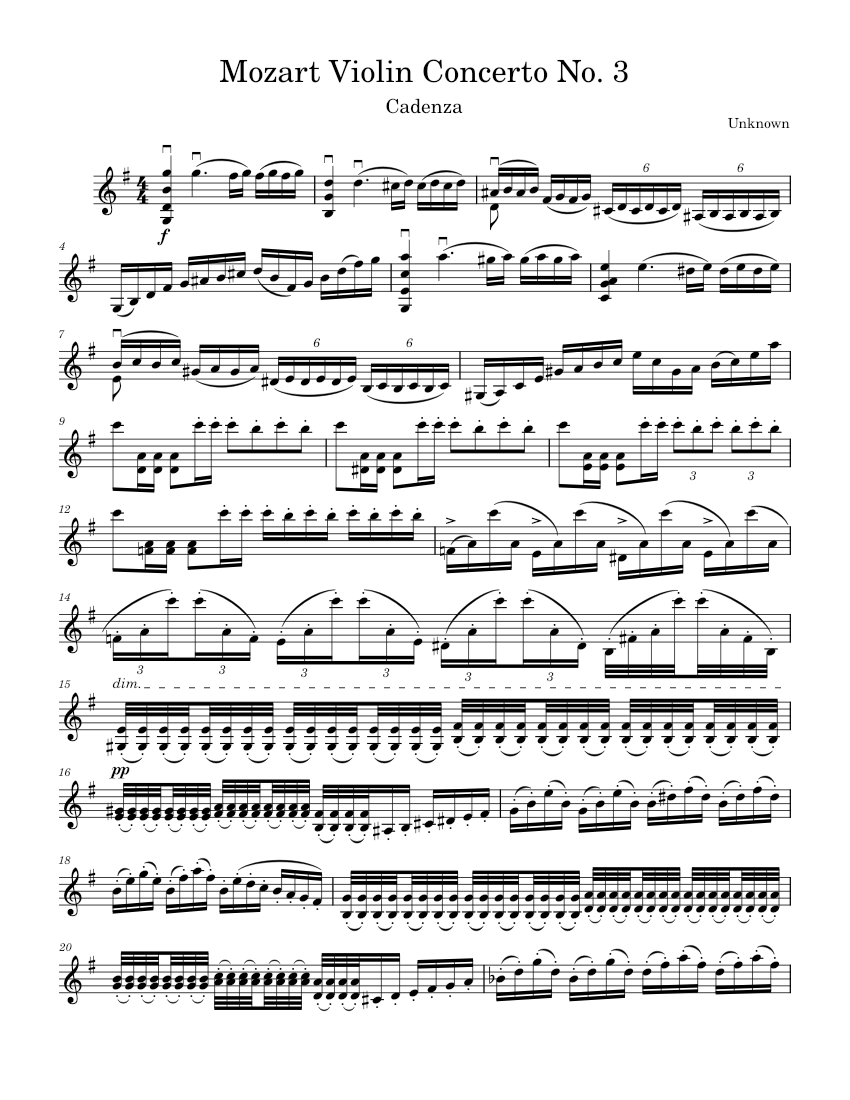Mozart Violin Concerto No. 3 Cadenza Sheet Music for Violin (Solo ...