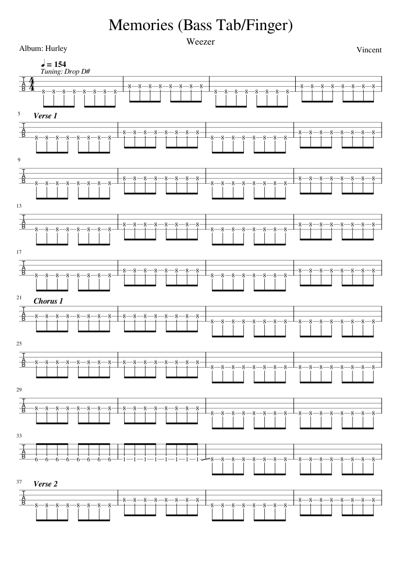 Weezer - Memories (Bass Tab) Sheet music for Bass guitar (Solo ...