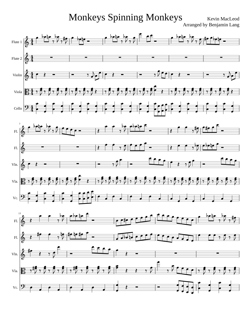 Monkeys Spinning Monkeys Sheet Music for Flute, Violin, Viola, Cello ...