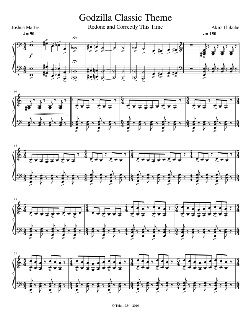 Godzilla Classic Theme (UPDATED) Sheet Music for Piano (Solo ...