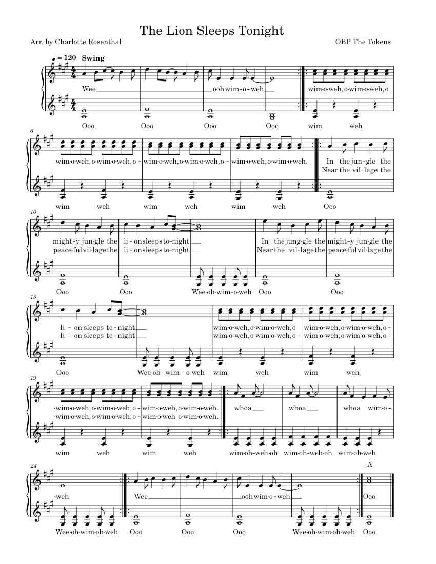 The Lions Sleep Tonight – The Tokens Sheet music for Piano (Women’s ...