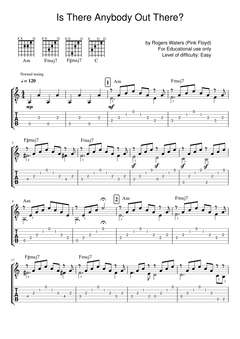 Is There Anybody Out There (Pink Floyd) Sheet Music and Tab with Chords ...
