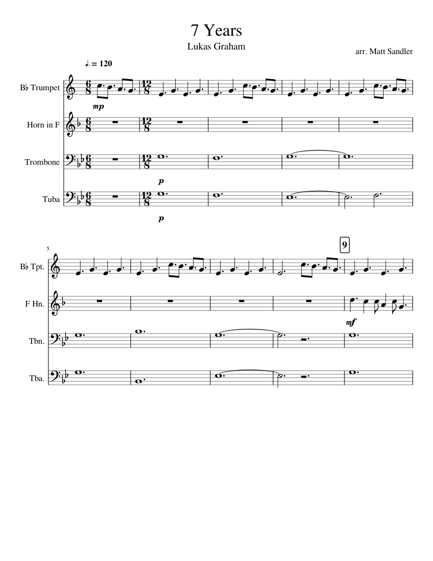 7 Years Sheet Music for Trombone, Tuba, Trumpet in b-flat, French horn ...