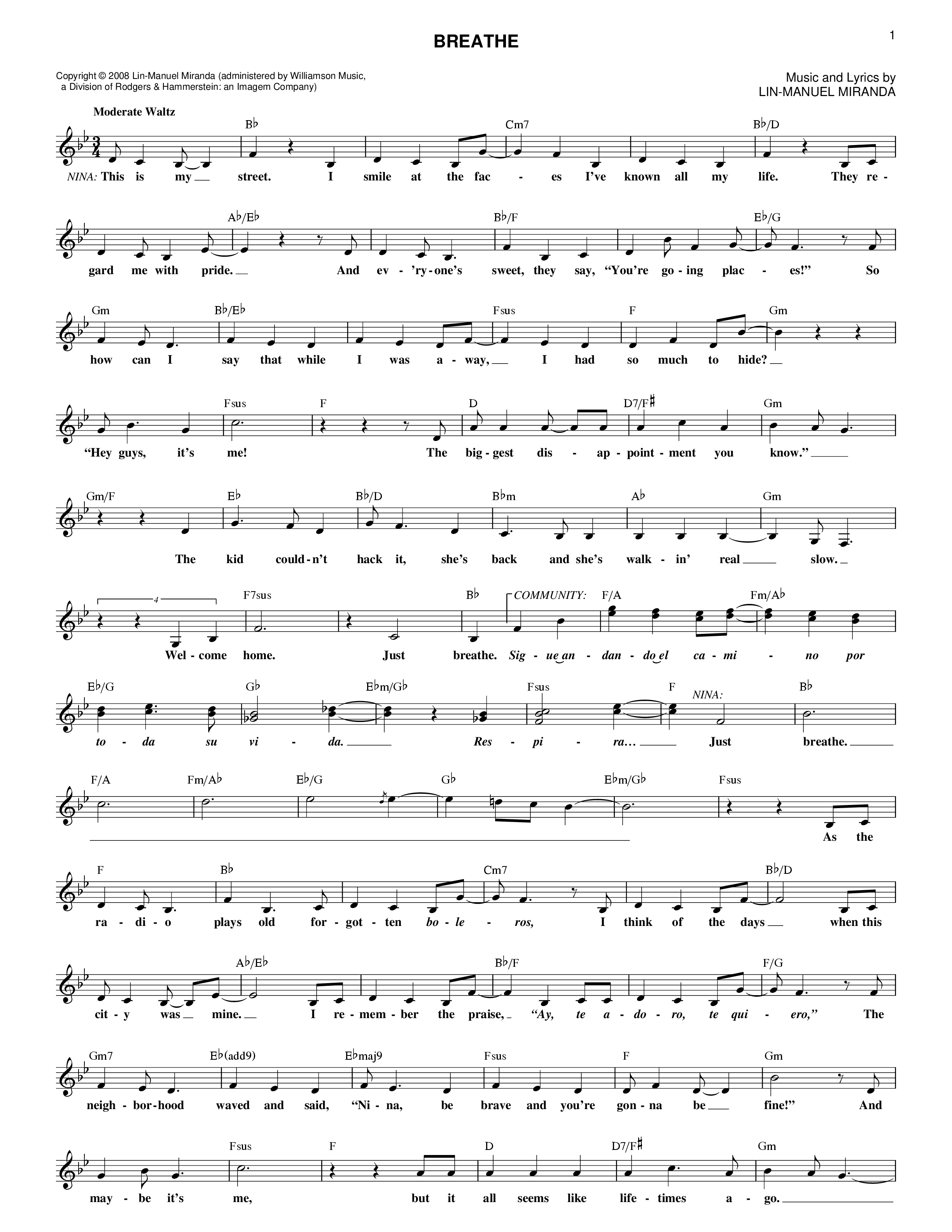 Play Official version of Breathe from in the heights Sheet Music by Lin ...