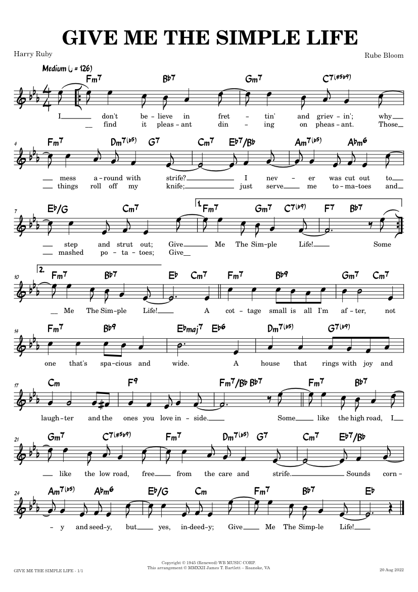 Give Me The Simple Life [lead sheet] – Rube Bloom, Harry Ruby Sheet ...