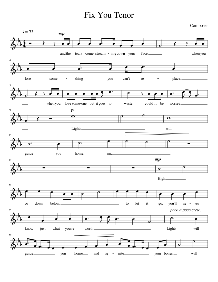 Fix You Tenor Sheet music for Piano (Solo) | Musescore.com