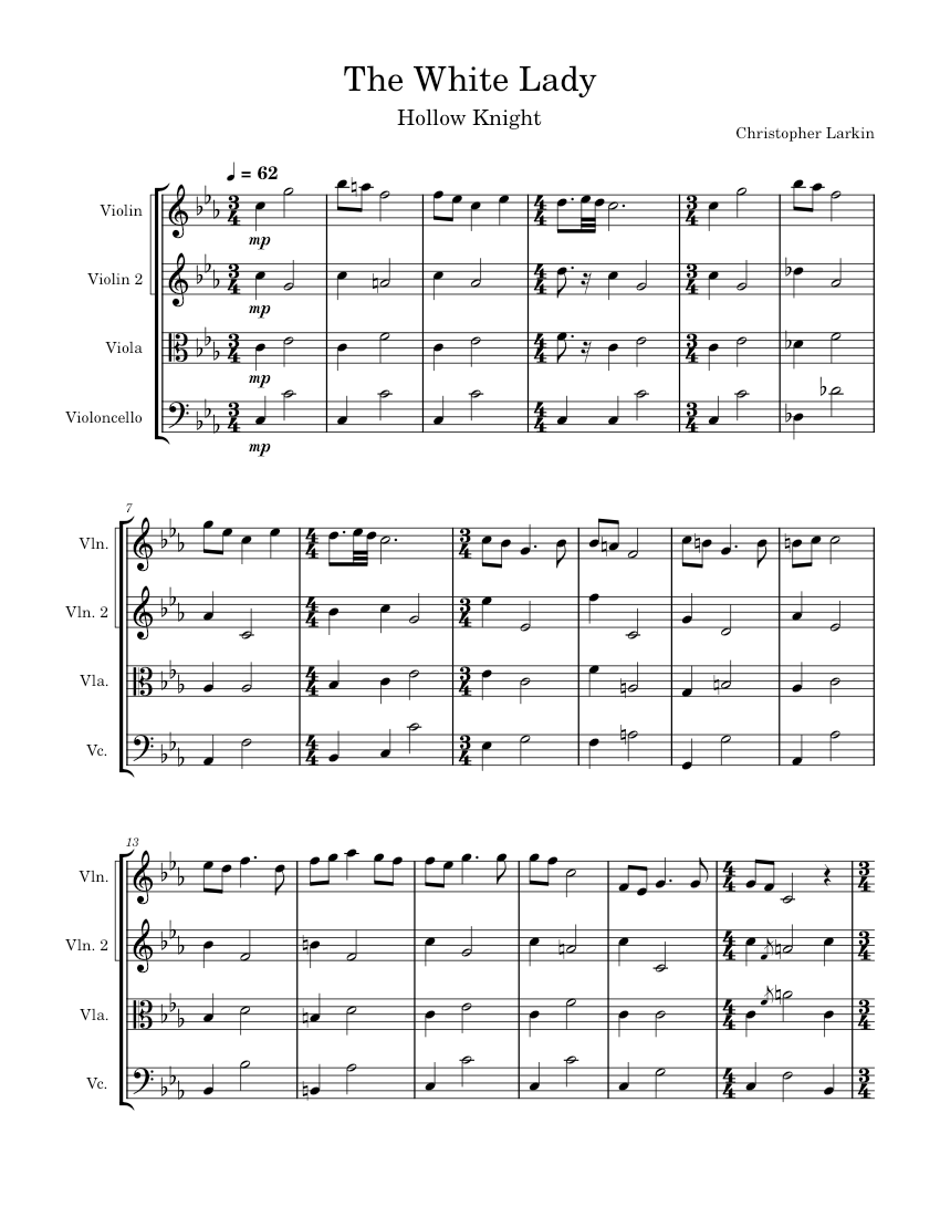 Hollow Knight – The White Lady . Sheet Music for Violin, Viola, Cello ...