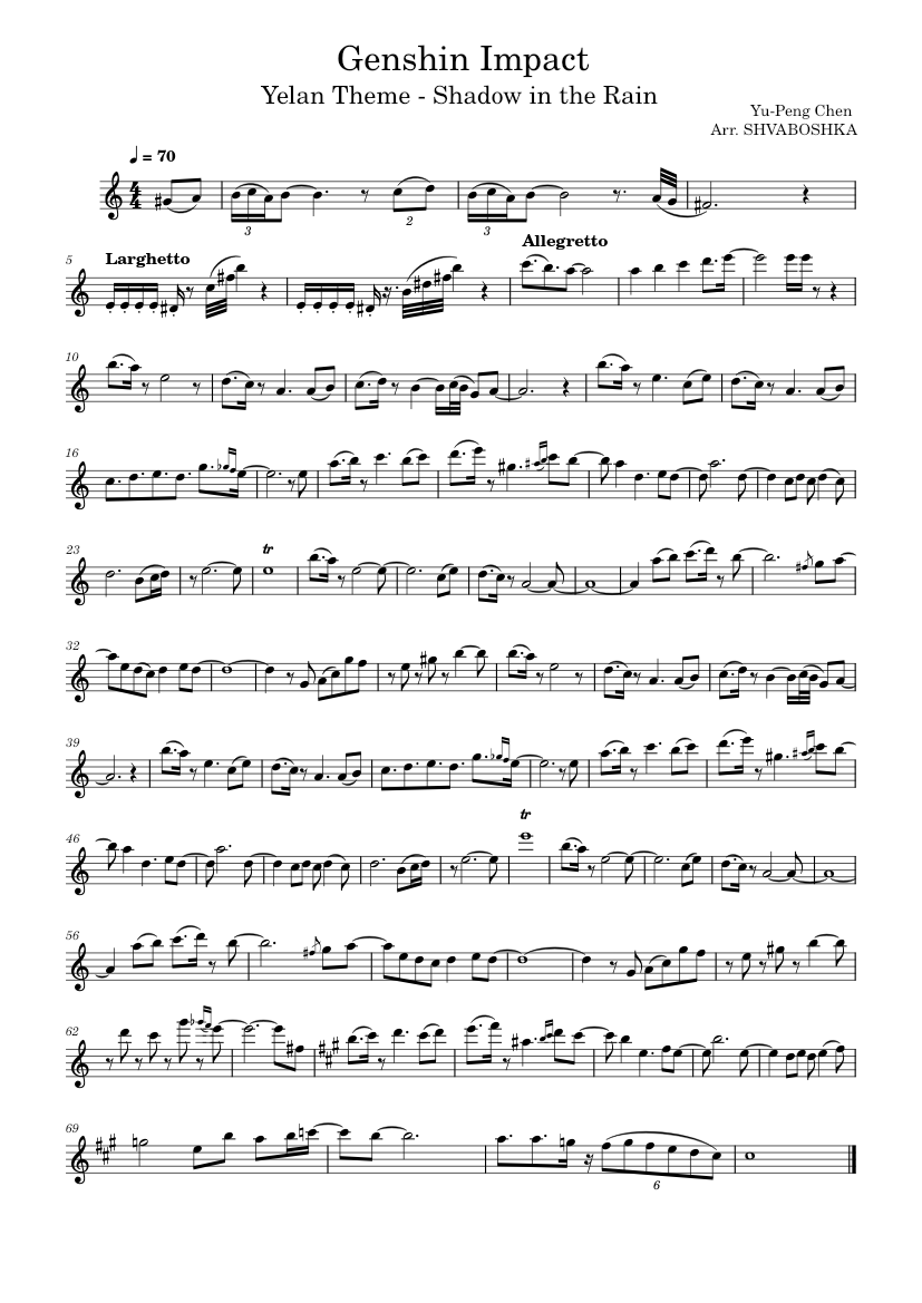 Yelan Theme - Shadow in the Rain - Genshin Impact – Yu-Peng Chen Sheet ...