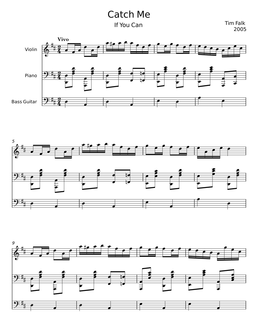 Catch Me - Tim Falk Sheet Music for Piano, Violin, Bass guitar, Drum ...