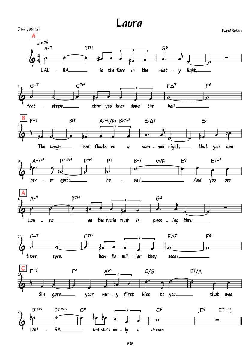Laura (Lead sheet with lyrics ) Sheet Music with Chords for Piano (Solo ...