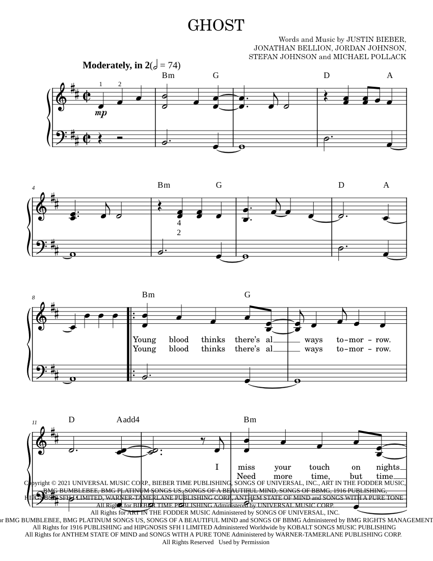 Play Official version of Ghost Sheet Music by Justin Bieber for Piano ...