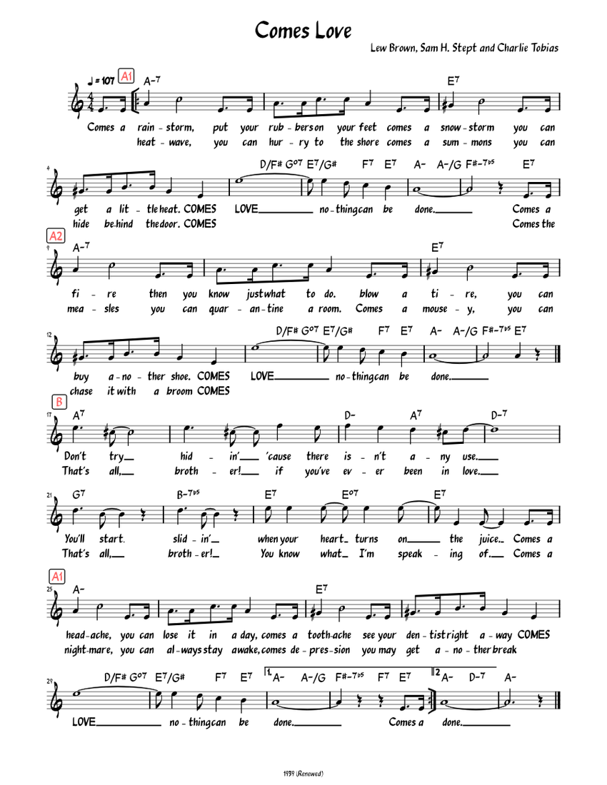 Comes Love (Lead sheet with lyrics ) Sheet music for Piano (Solo) Easy ...