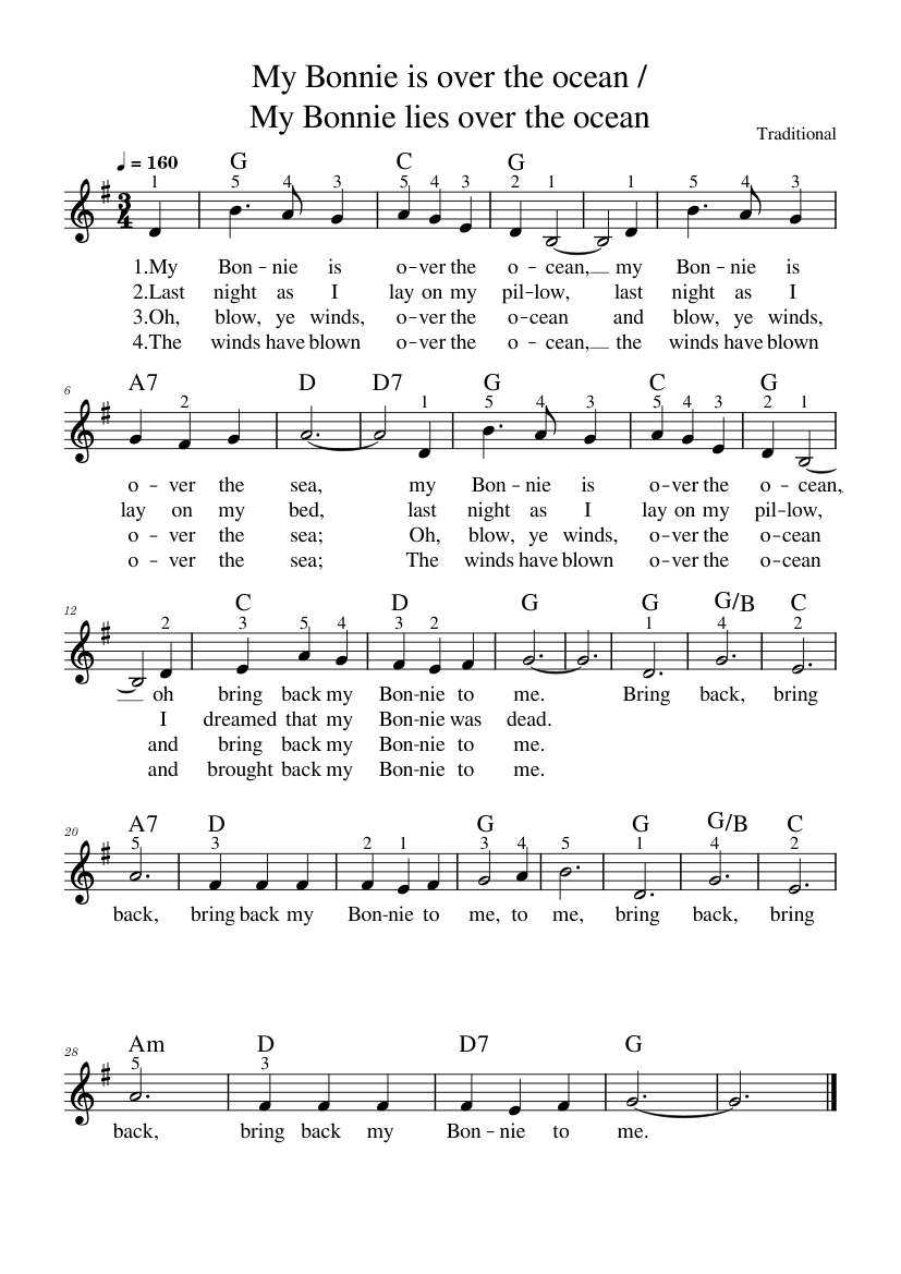 My bonnie is over the ocean – Misc Traditional Sheet music for Piano ...