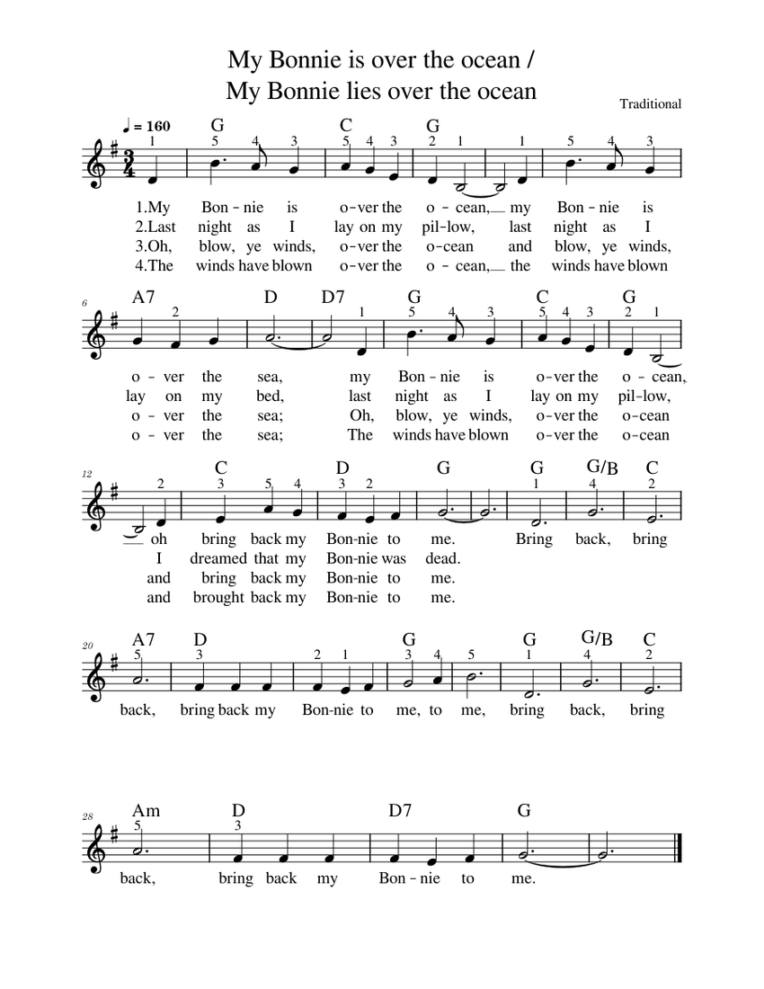 My bonnie is over the ocean – Misc Traditional Sheet music for Piano ...