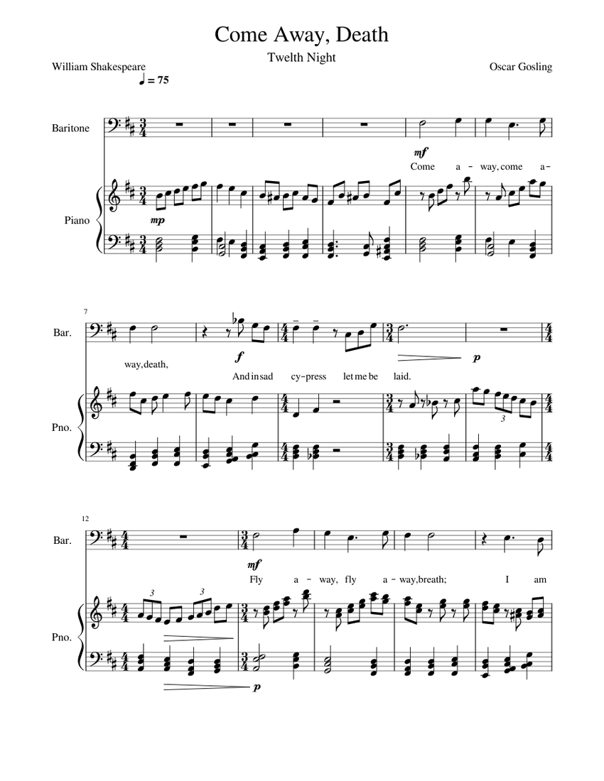 Come away, Death Sheet music for Piano, Baritone (Piano-Voice ...