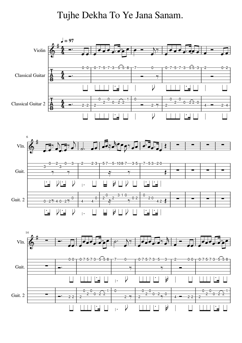 Tujhe dekha to yeh jaana sanam – Lata Mangeshkar Sheet Music and Tab ...