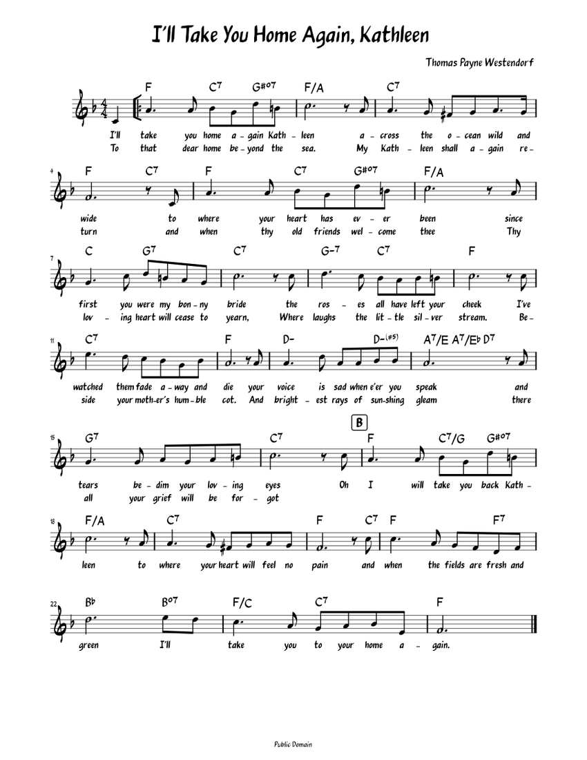 I'll Take You Home Again, Kathleen (Lead sheet with lyrics ) Sheet ...