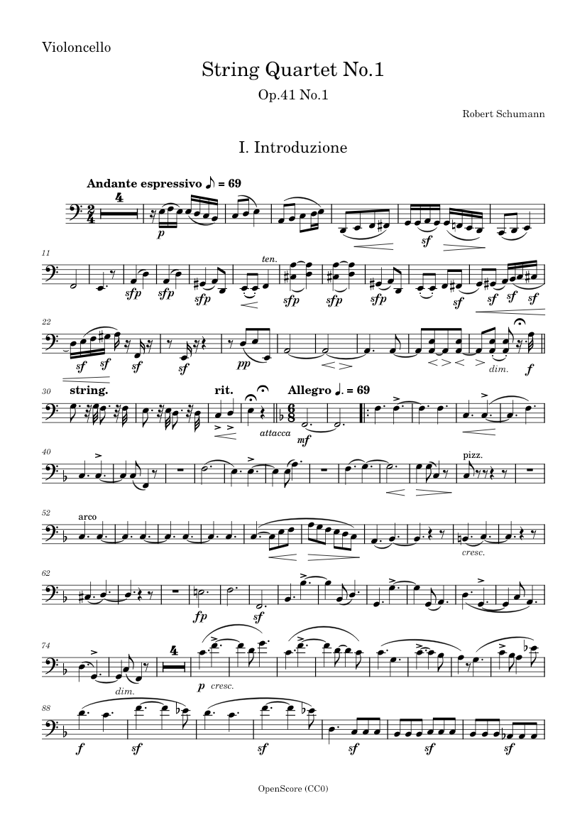 String Quartet No.1, Op.41 No.1 – Robert Schumann - Cello PART Sheet music for Cello (String ...