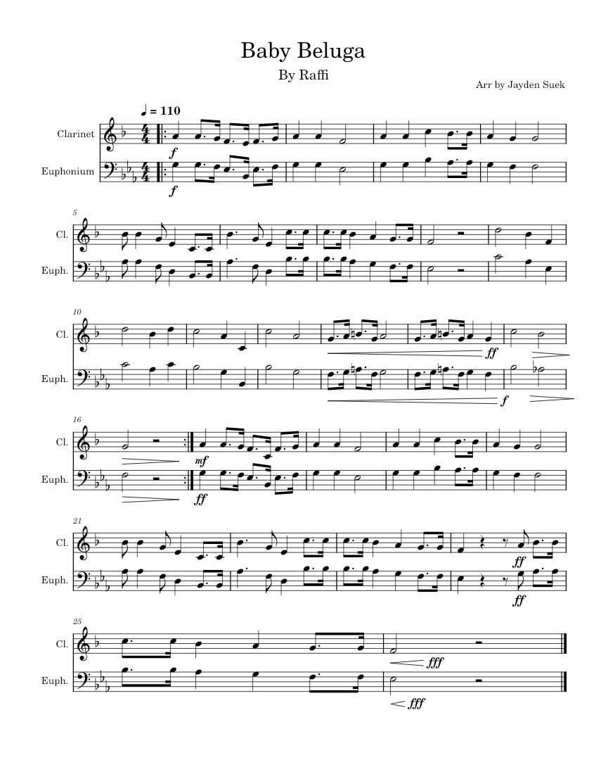 Baby beluga – Raffi baby beluga duet for euphonium and clarient Sheet ...