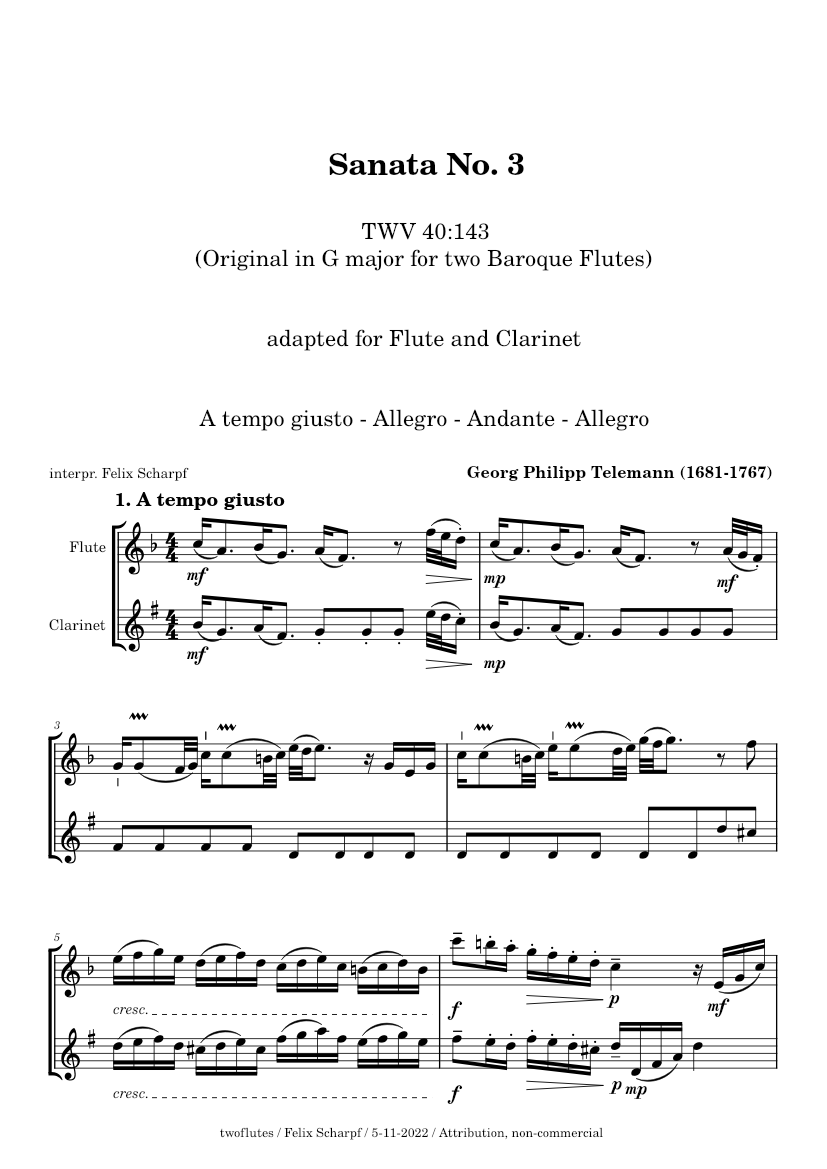 Sonata No. 3, TWV 40:143 - Georg Philipp Telemann - adapted for Flute ...