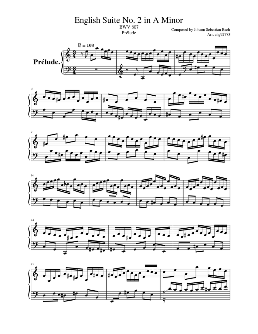 English Suite No.2 in A minor, BWV 807 – Johann Sebastian Bach Sheet ...