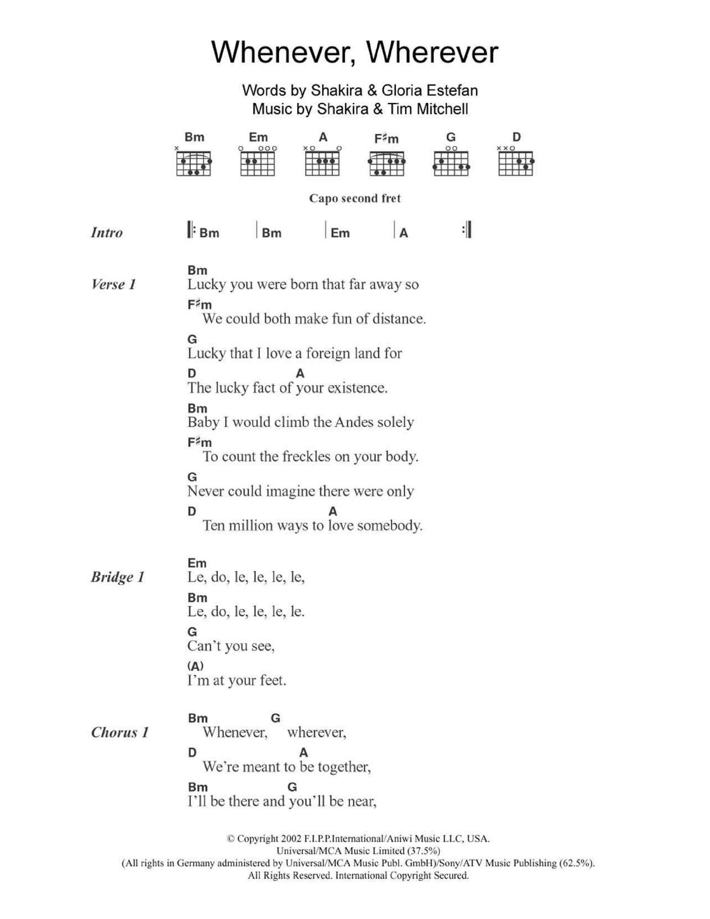 Play Official version of Whenever wherever sheet music by Shakira for ...